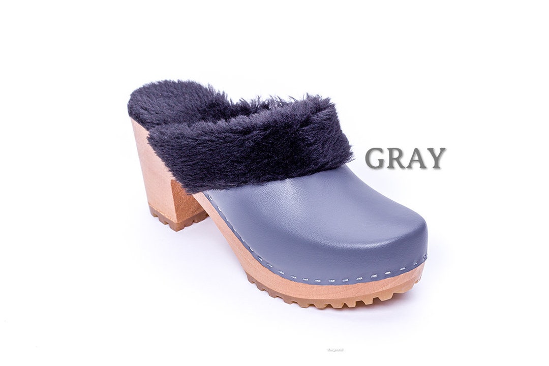 New Clogs Fur Clogs Women Clogs Leather Clogs Fur Womens Gray Clogs ...