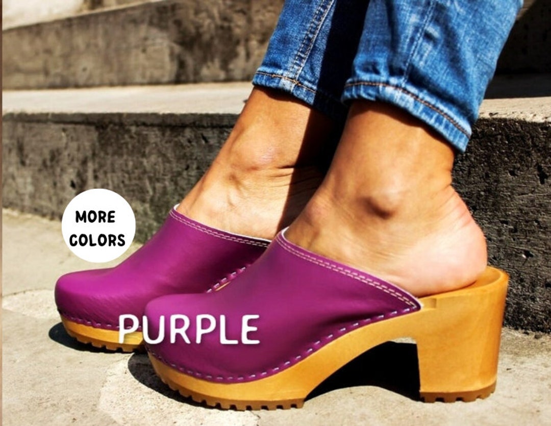 New LEATHER SANDALS High Heel Shoes Platform Wood Purple Swedish Clogs ...
