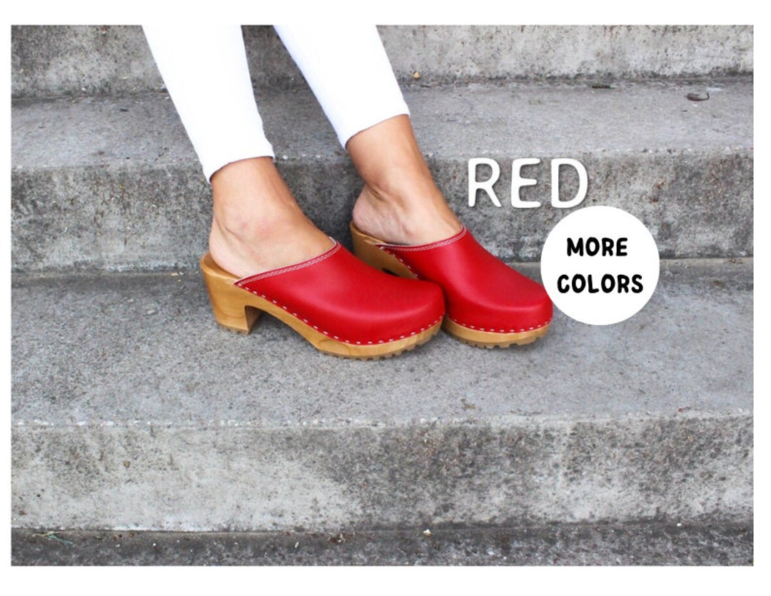 High Heel Red Shoes Women Leather Clogs Wooden Sole Shoes for Women ...