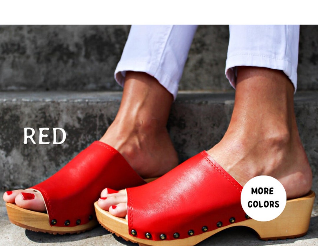 Leather Women Sandals Red Wooden Clogs Open Toe Sandals for Her Wood ...
