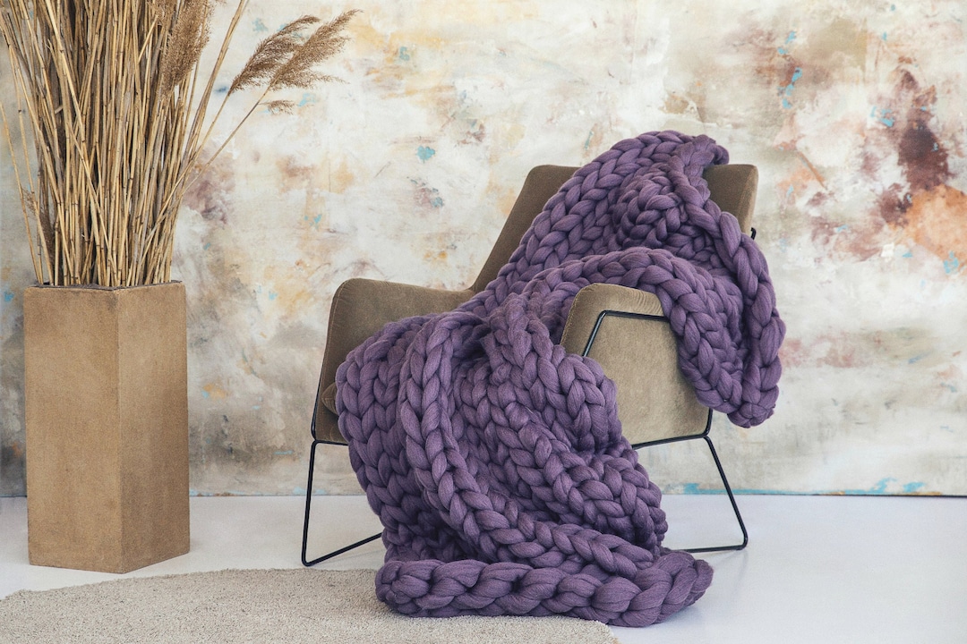 Chunky Blanket, Hand Knit Blanket, Giant Arm Knitted Super Bulky Merino ...