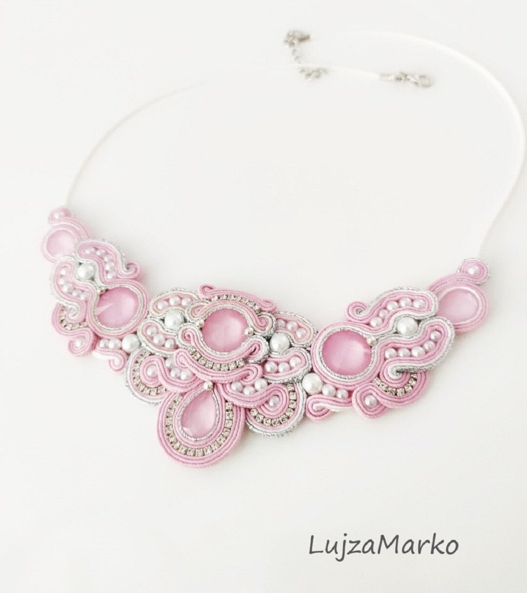 Pink, White and Silver Soutache Necklace - Etsy