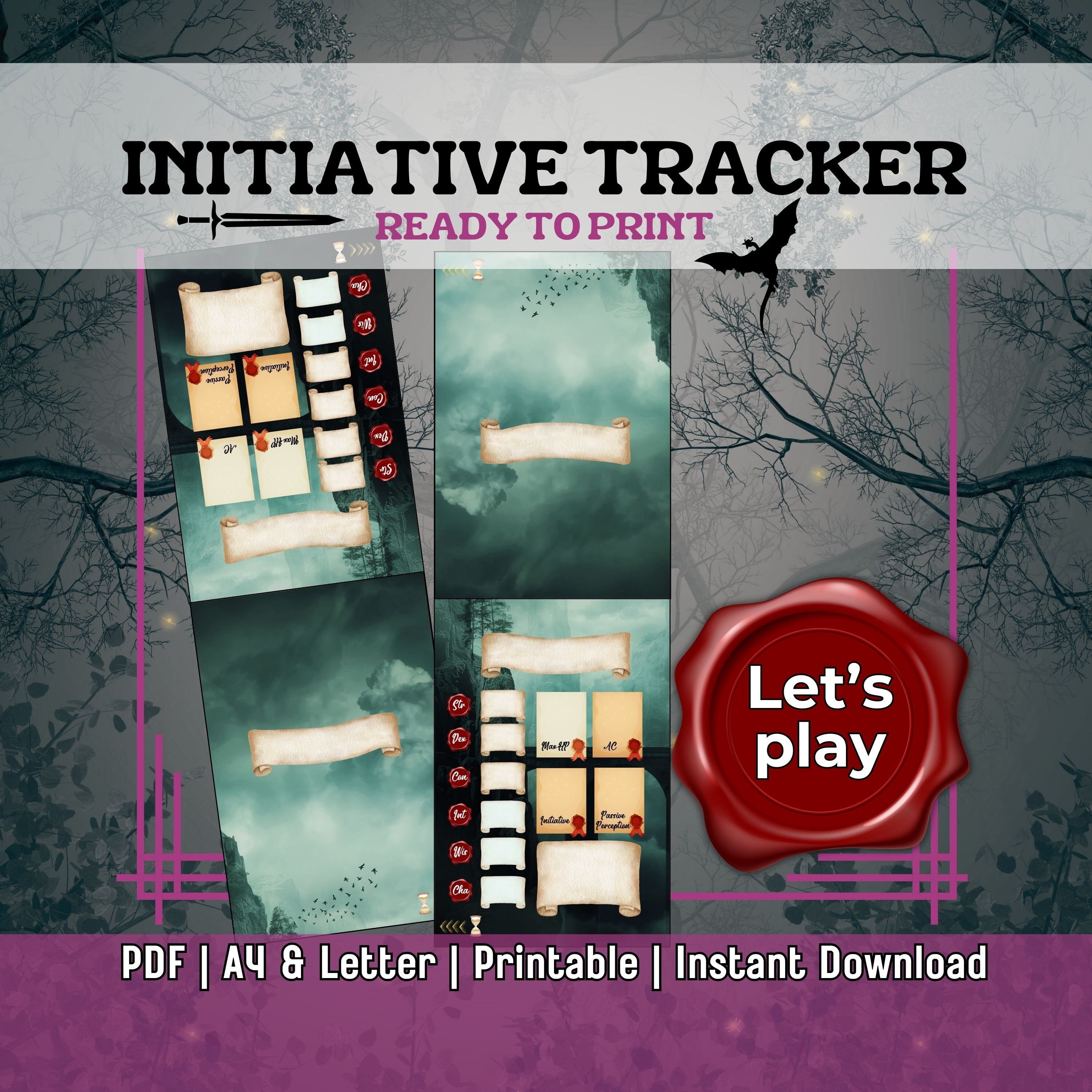 INITIATIVE TRACKER Printable Character Sheet Tent Cards Dungeons ...