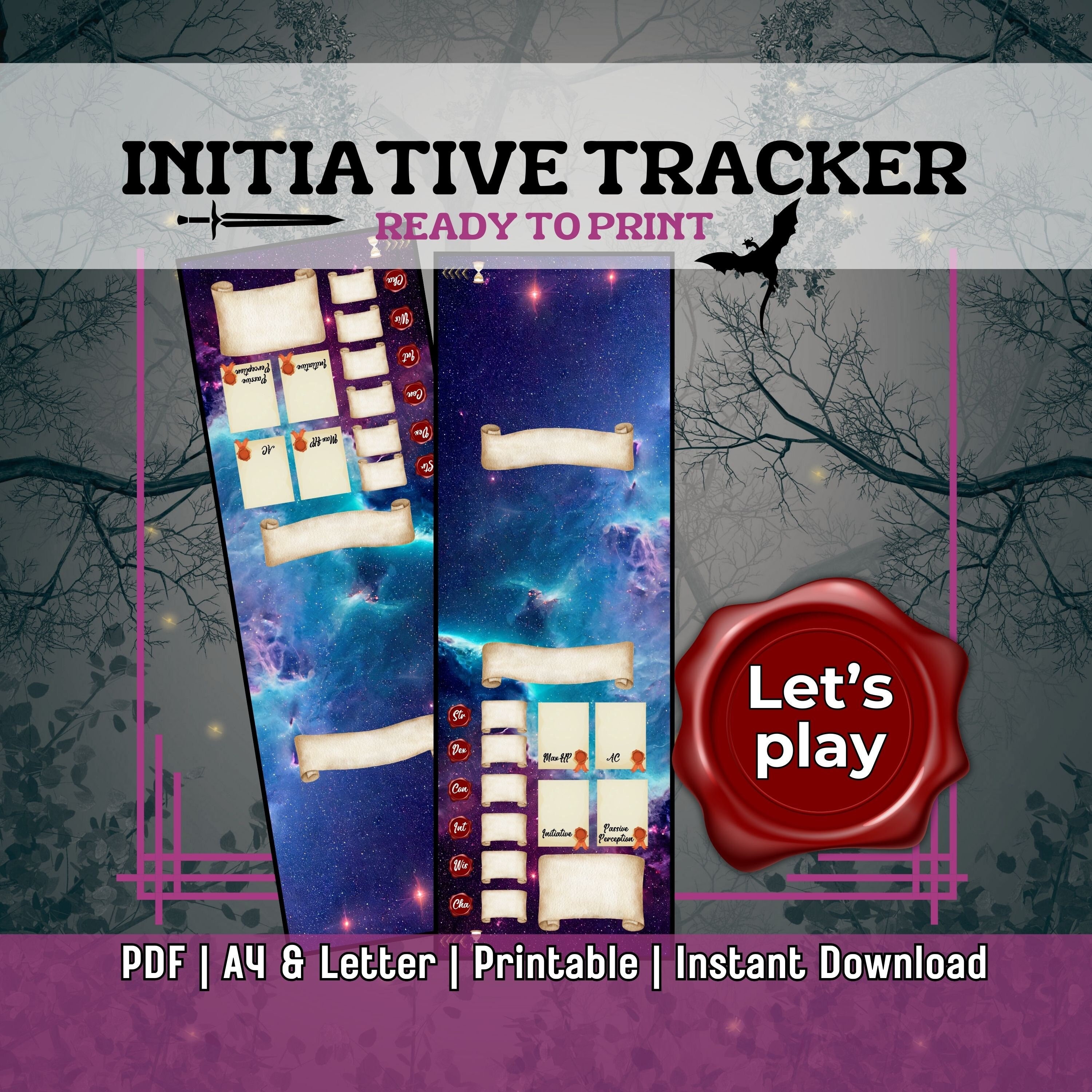 INITIATIVE TRACKER Printable Character Sheet Tent Cards Dungeons ...