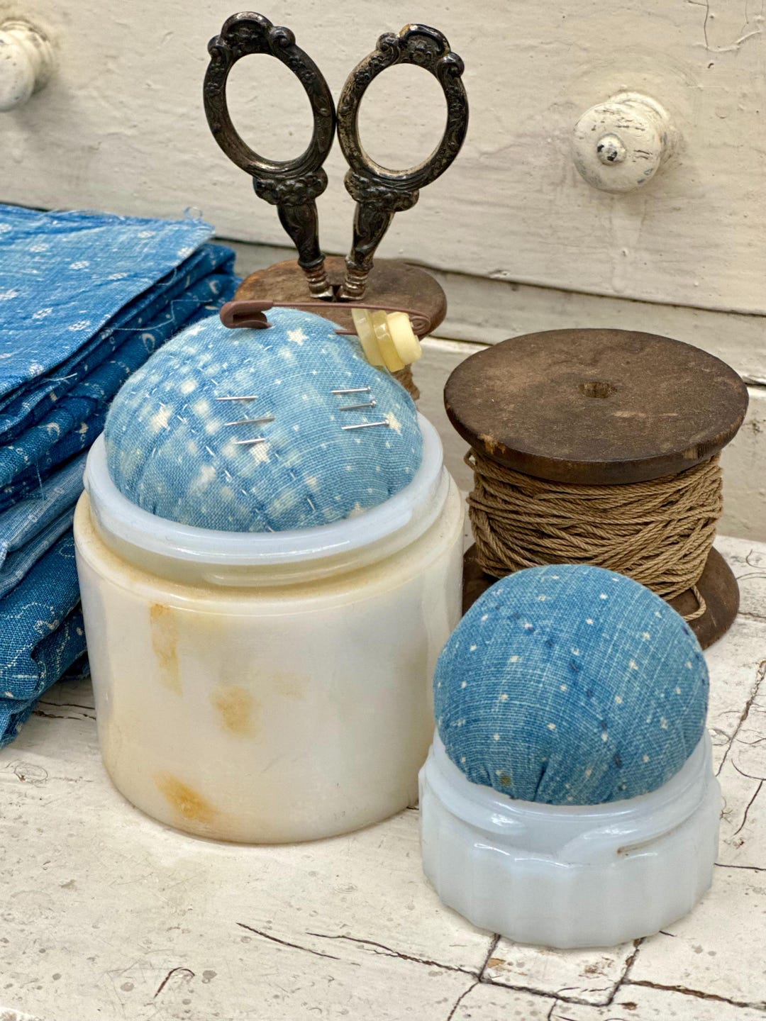 Set of 2, Vintage Milk Glass Makeup/cosmetic Jars, Pincushions ...