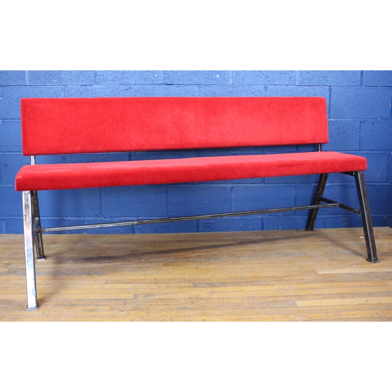 A Large Industrial Steel & Red Velvet Waiting Room Bench Seating ...