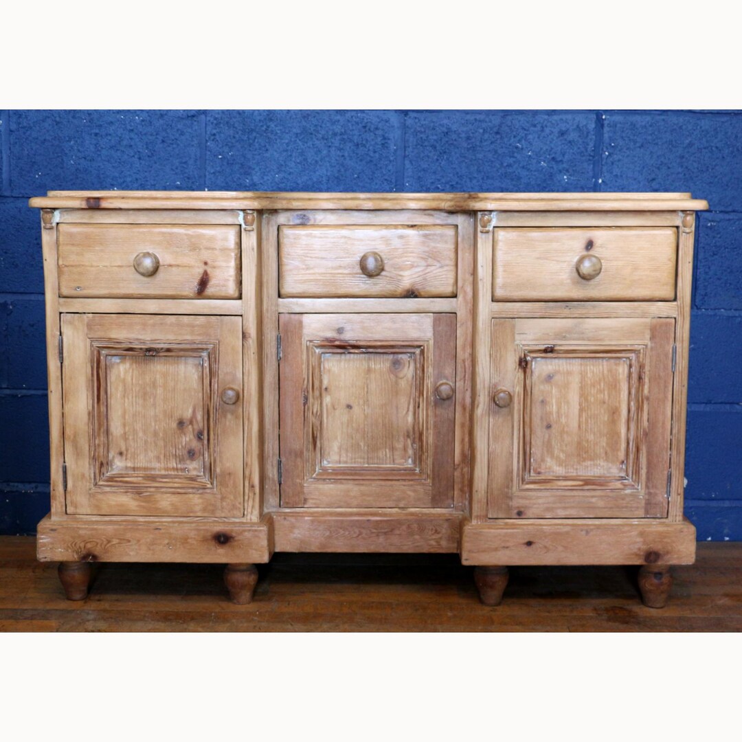 A Victorian Waxed Pine Farmhouse Breakfront Dresser or Sideboard Raised ...