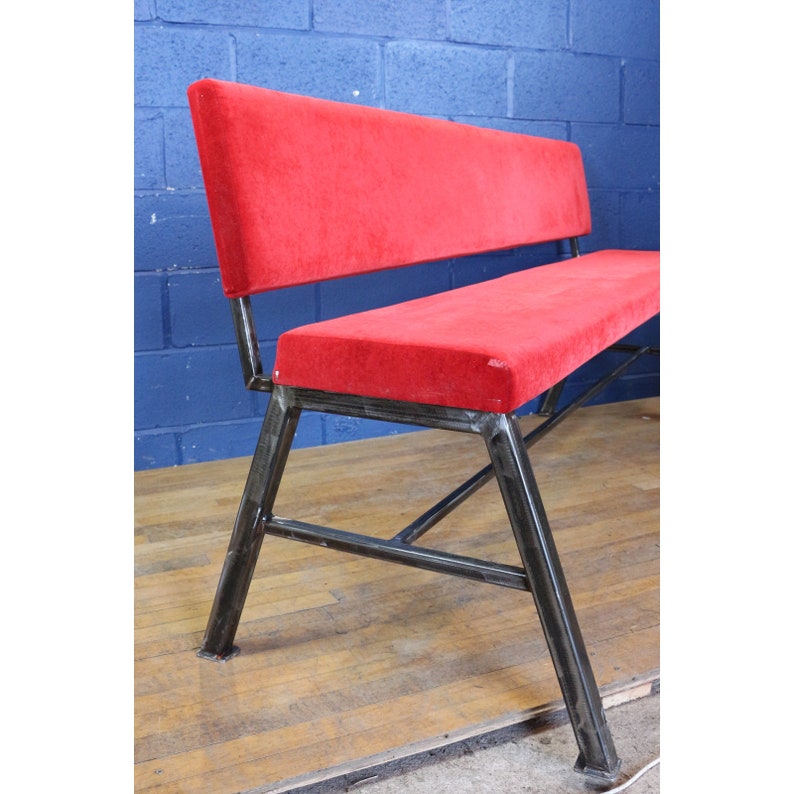 A Large Industrial Steel & Red Velvet Waiting Room Bench Seating ...