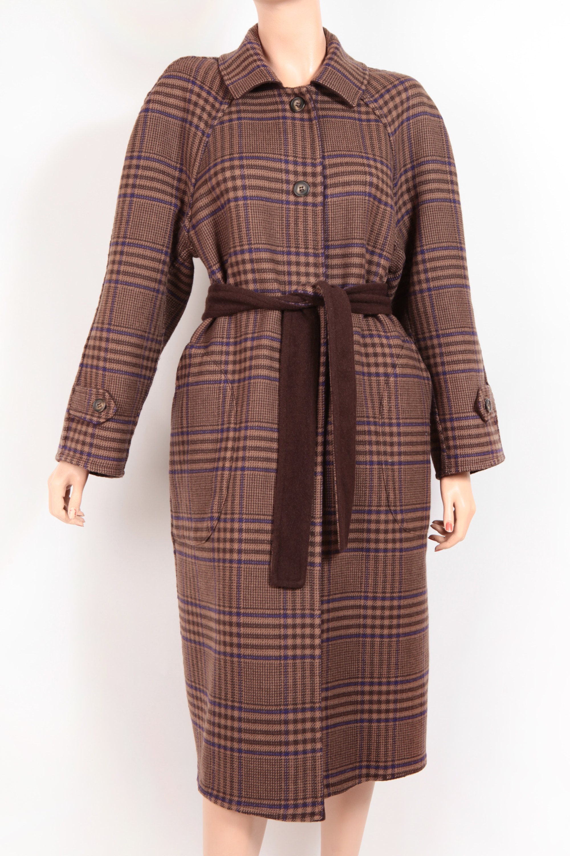 80s Vintage French, Trench Coat in Pure Brown Wool and Reversible Check ...
