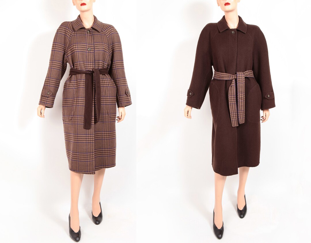 80s Vintage French, Trench Coat in Pure Brown Wool and Reversible Check ...