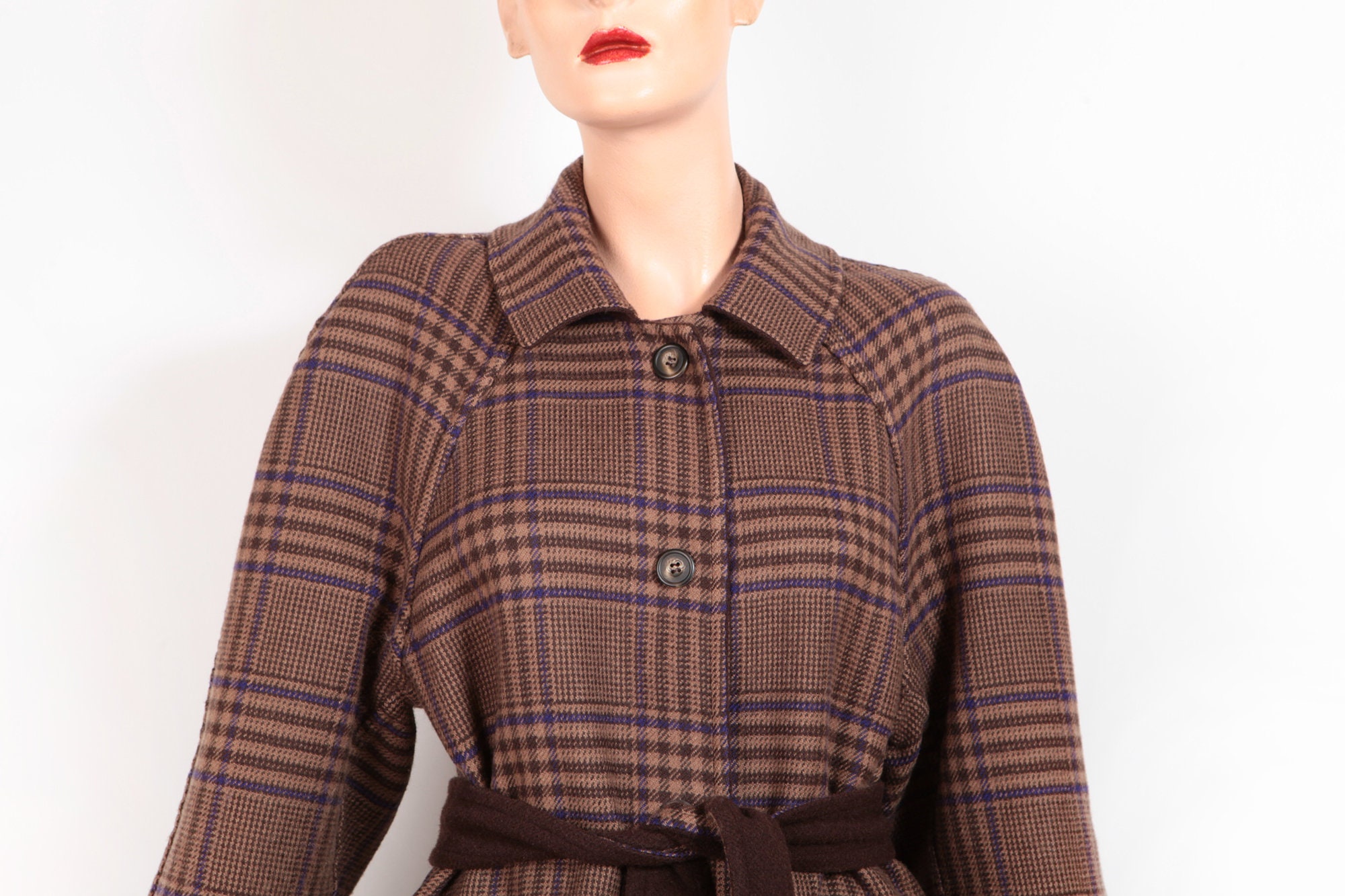 80s Vintage French, Trench Coat in Pure Brown Wool and Reversible Check ...