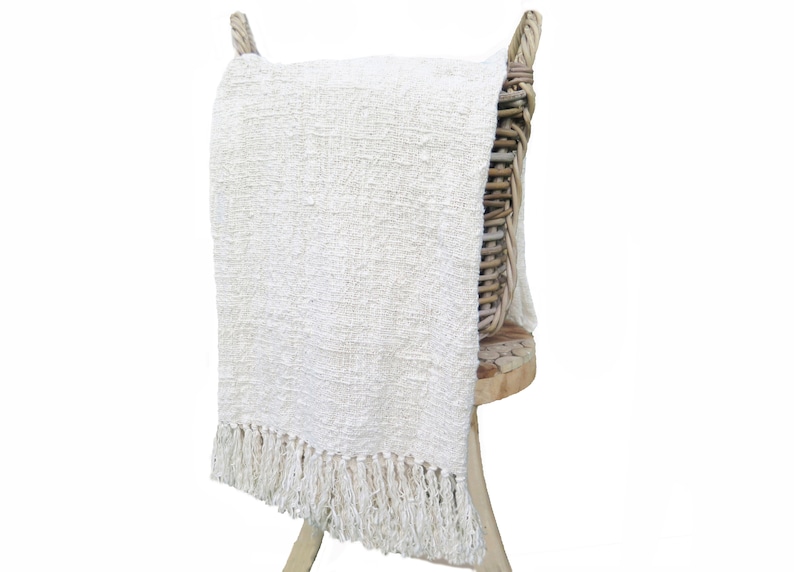 Handwoven Organic Cotton Throw Blanket, Ivory Fringe Bedspread - Etsy UK