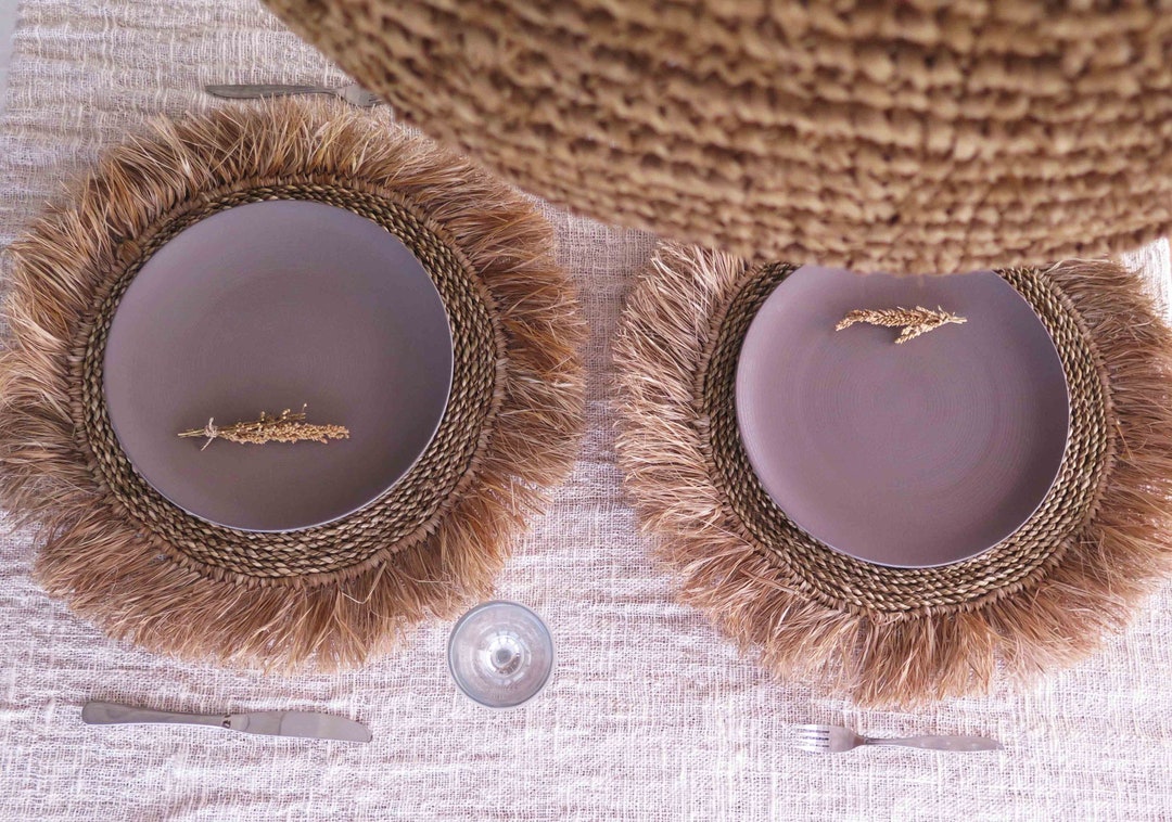 Raffia Round Placemat With Trim, Round Table Mat With Fringes, Seagrass ...