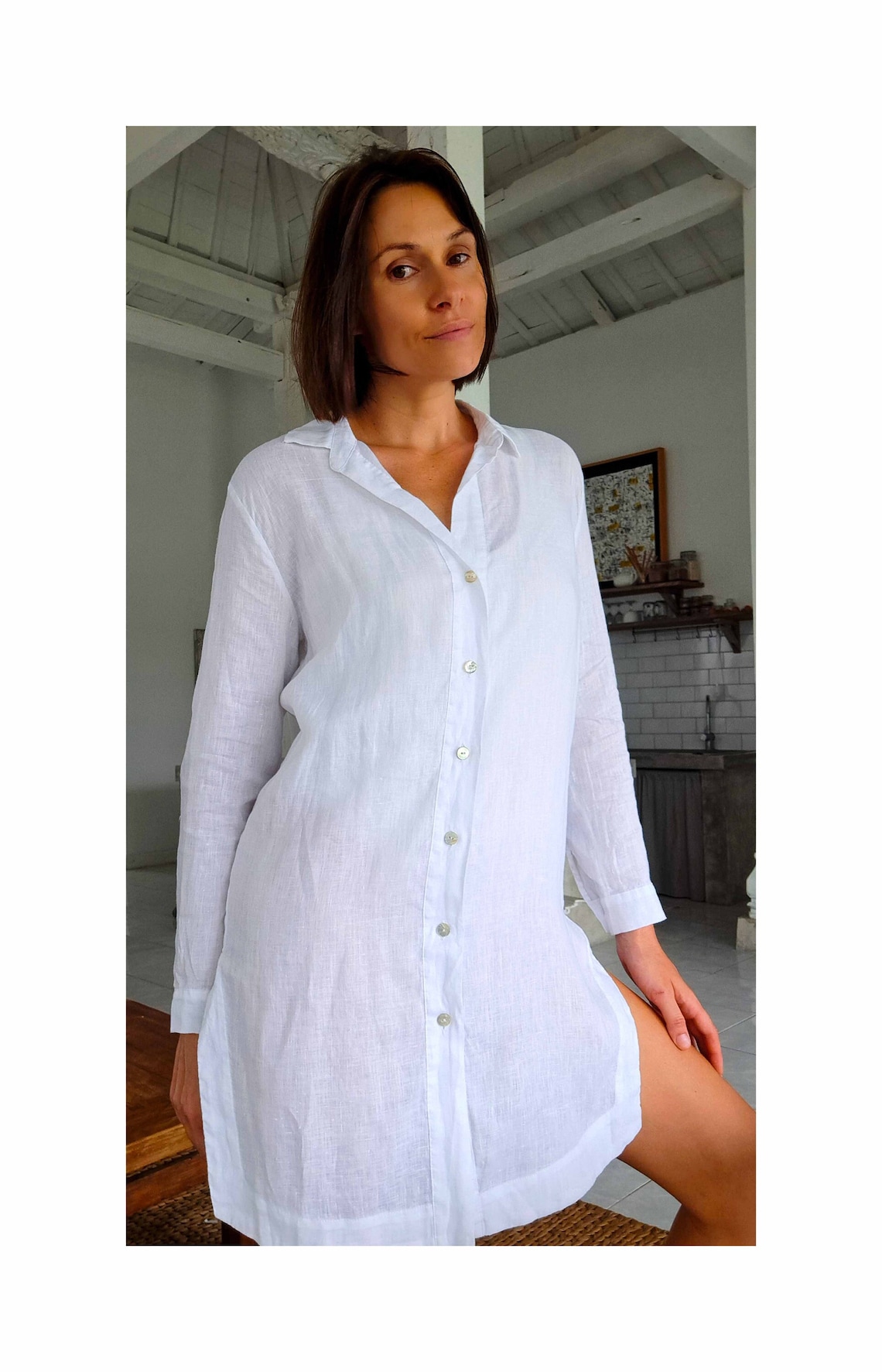 Linen Shirt Dress, Straight Linen Shirt, White Linen Button up Tunic ...