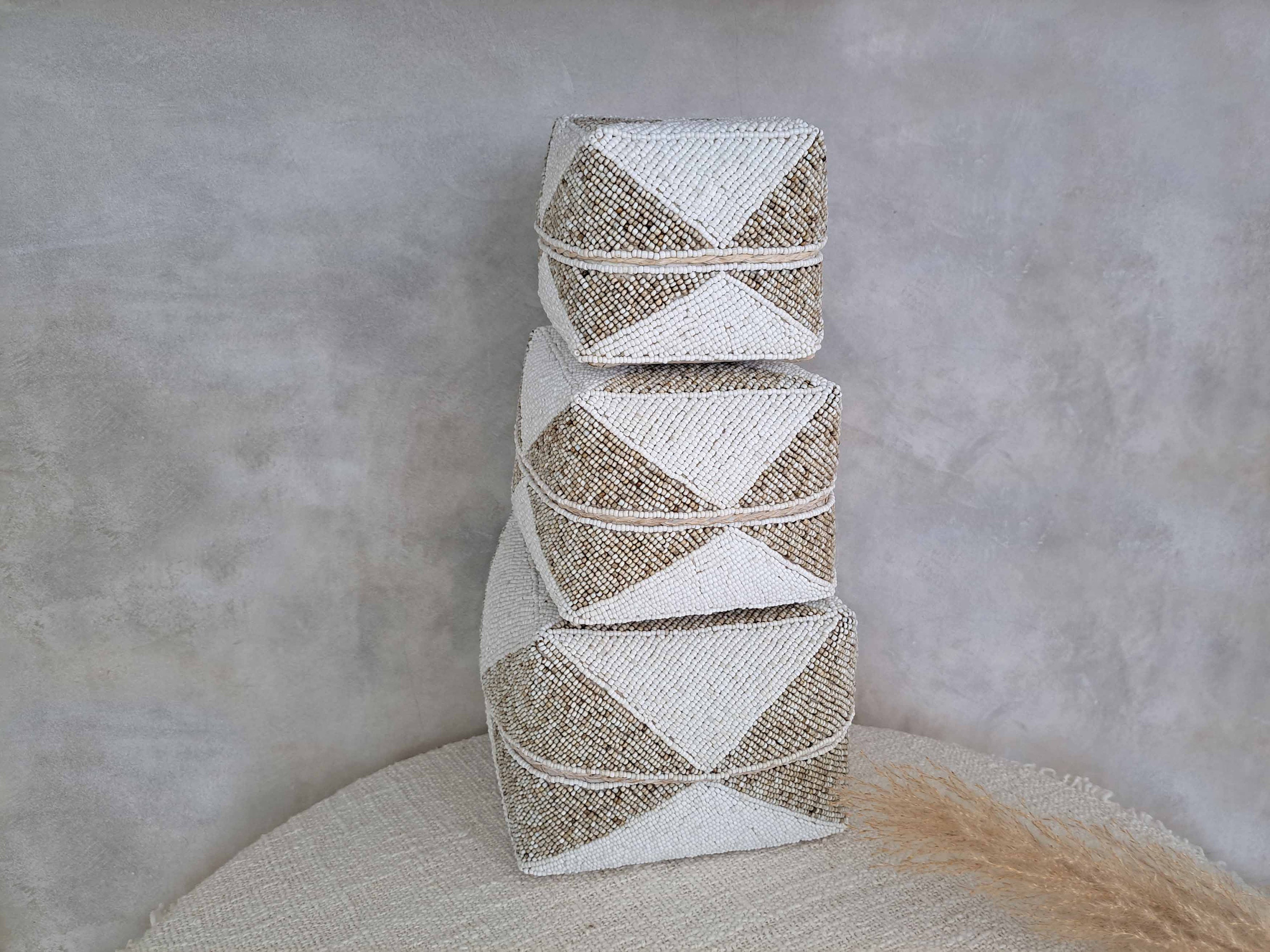 Decorative Beaded Box Set of 3, Handmade Beaded Basket, Decorative ...