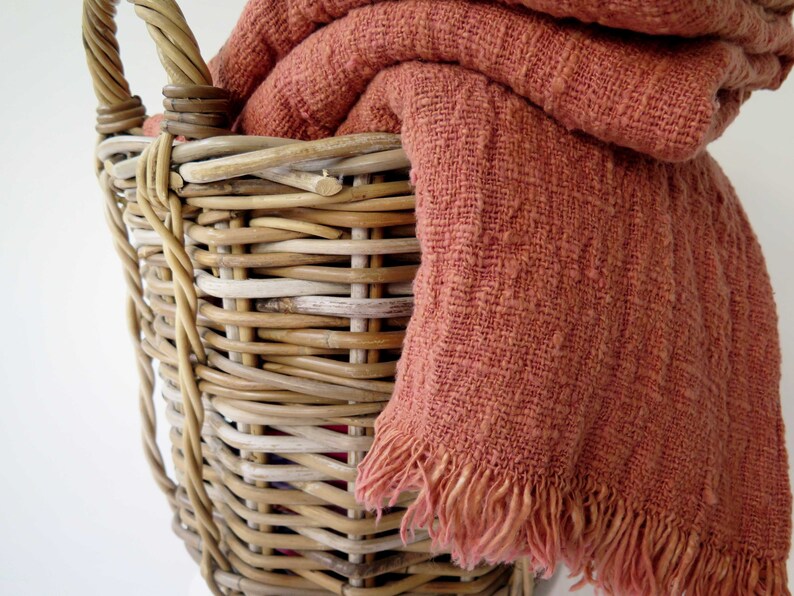 Handwoven Terracotta Throw Blanket, Raw Organic Cotton Fringe Bedspread ...
