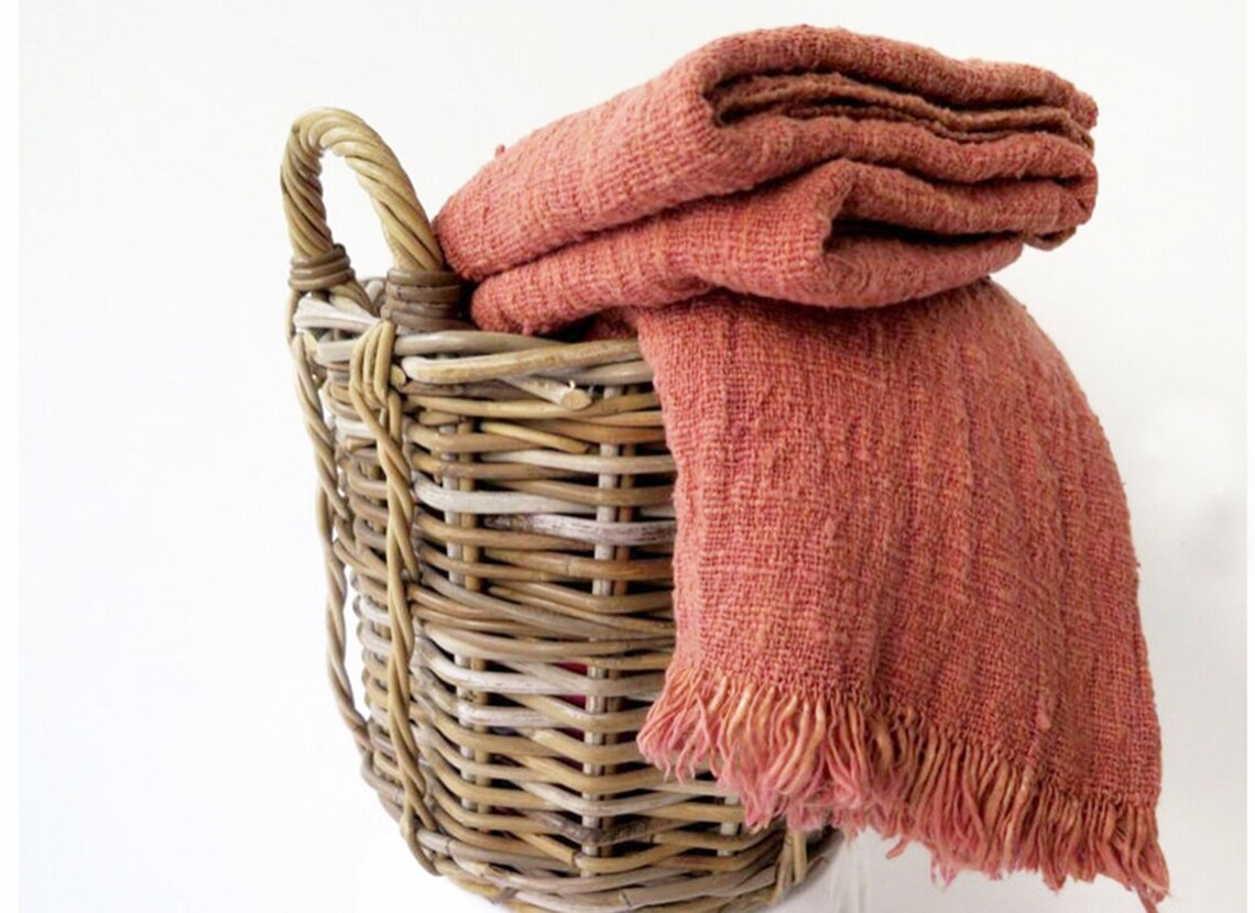 Handwoven Terracotta Throw Blanket, Raw Organic Cotton Fringe Bedspread ...