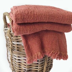 Handwoven Terracotta Throw Blanket, Raw Organic Cotton Fringe Bedspread ...