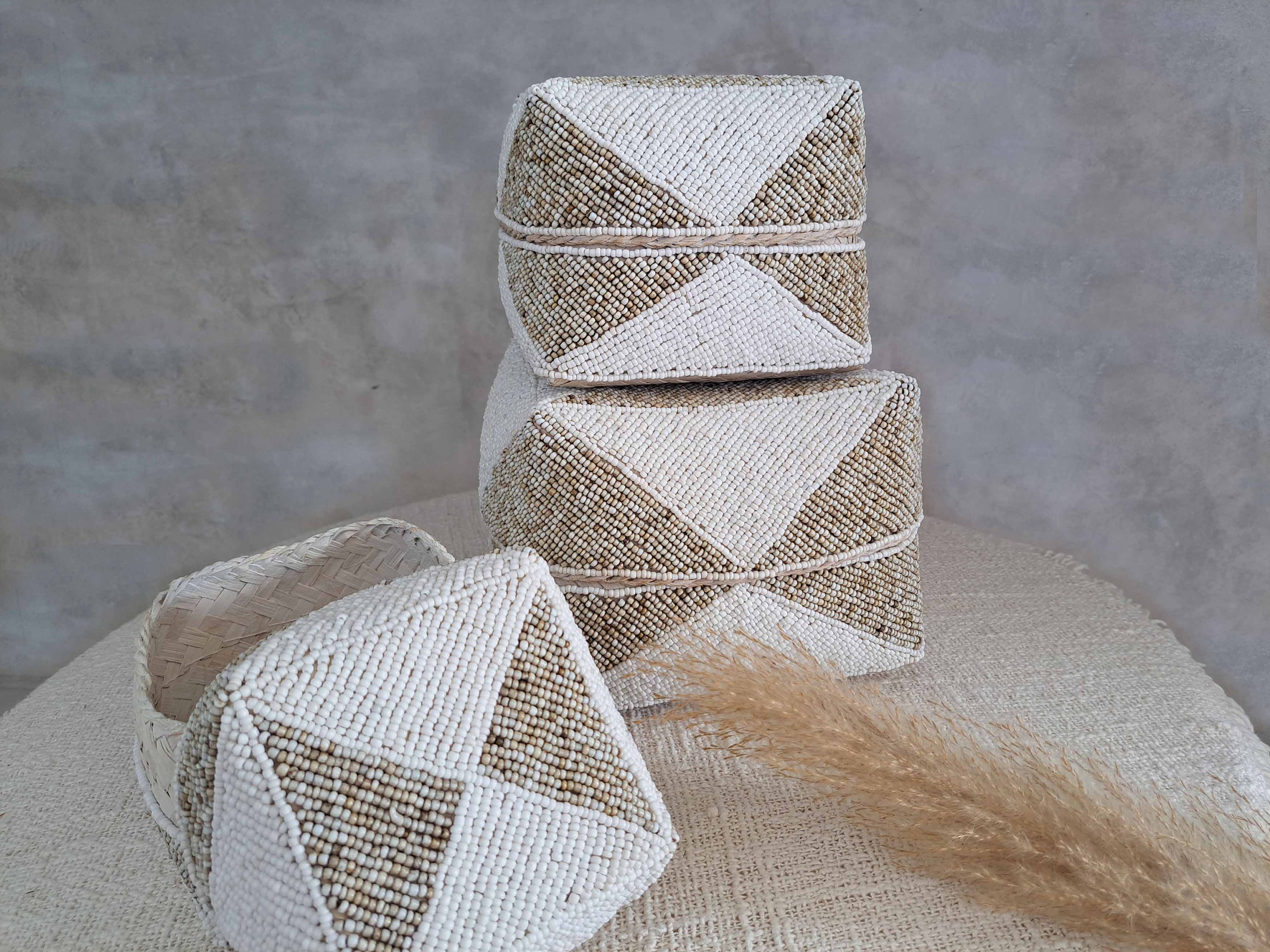 Decorative Beaded Box Set of 3, Handmade Beaded Basket, Decorative ...