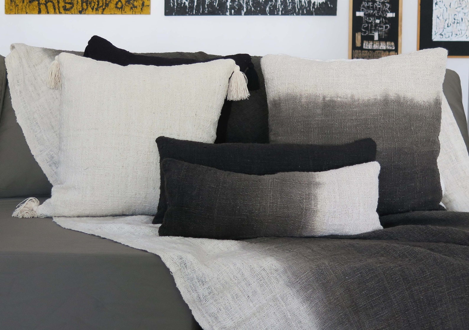 Set of 2 Handwoven Undyed Minimal Throw Cushions, Organic Cotton ...
