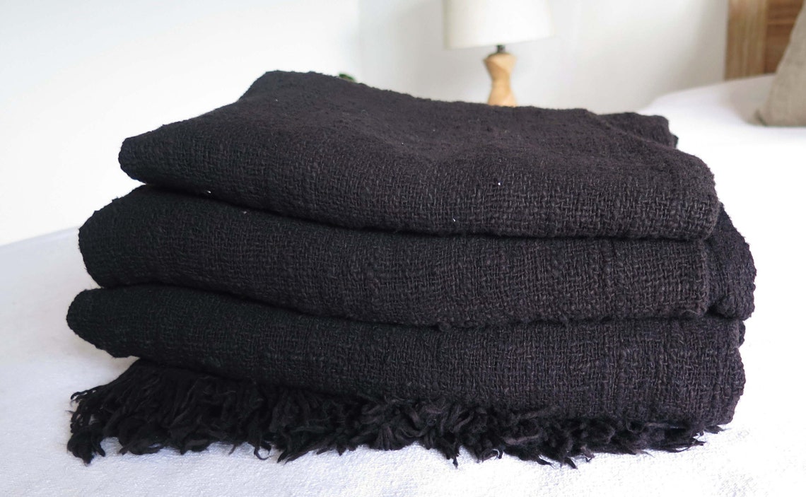 Handwoven Black Cotton Throw Blanket, Ethically Handmade, 78x47 - Etsy