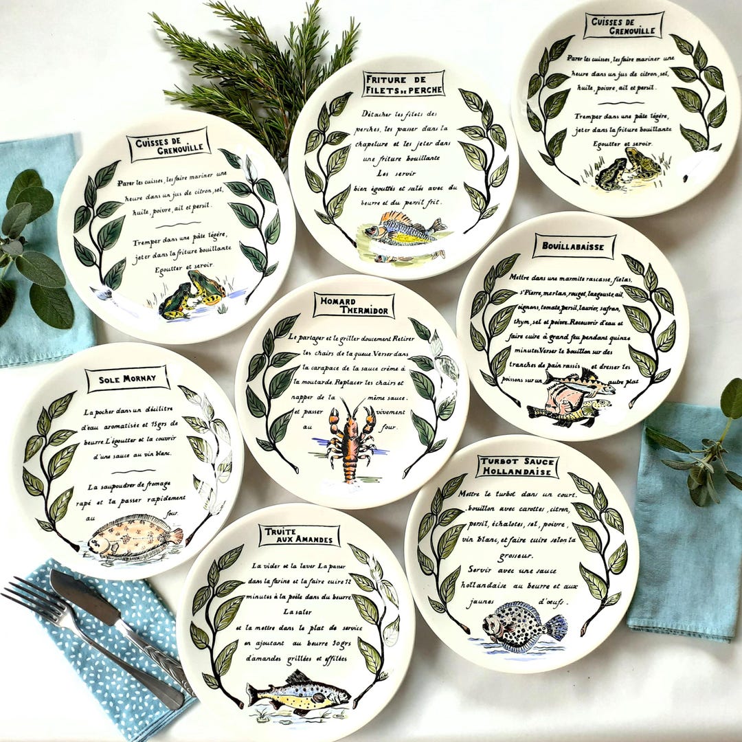 Eight French Dinner Plates by GIEN France. Hand Painted With Famous ...