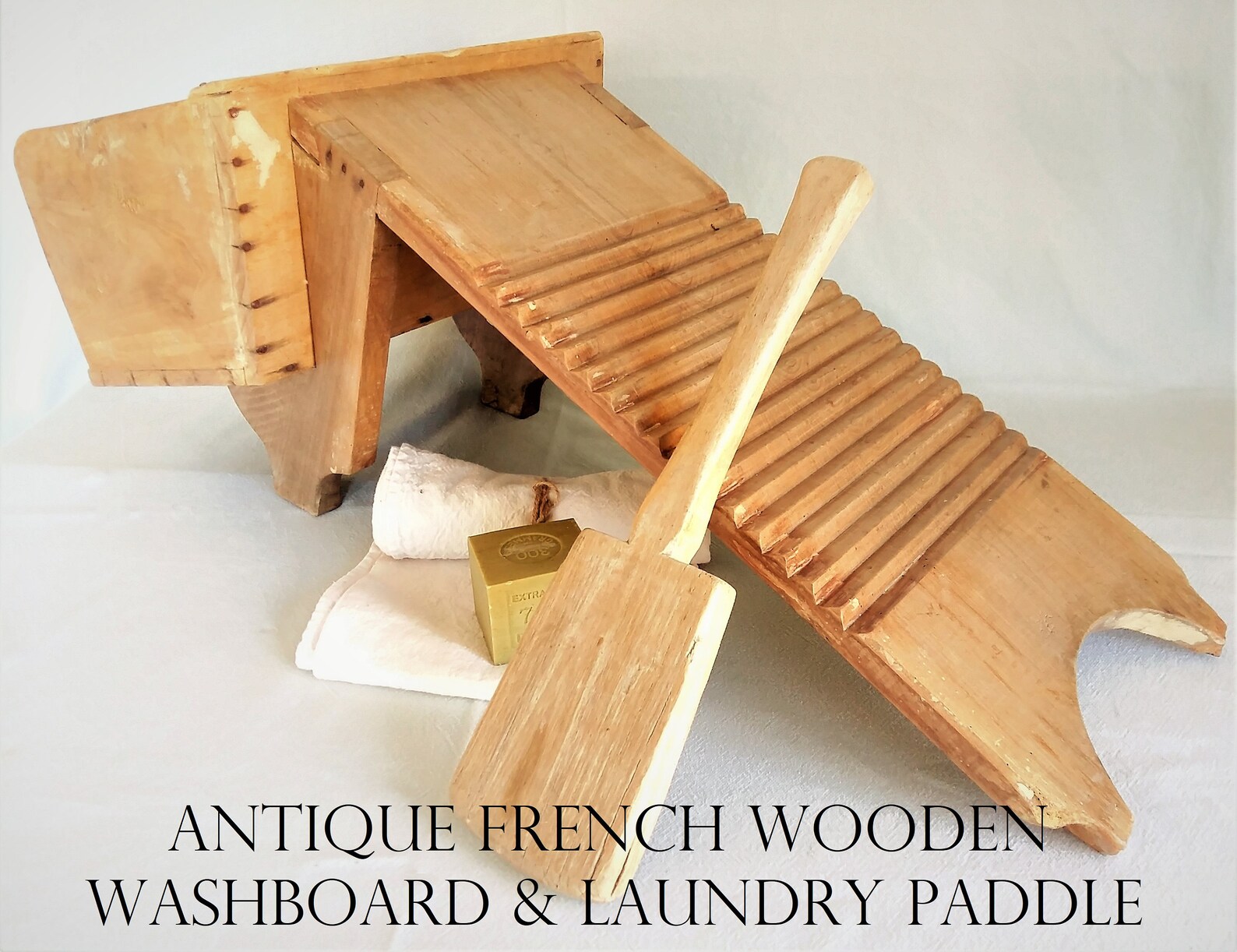 Antique Wooden Washboard and Laundry Paddle. Complete With Kneeling Box ...