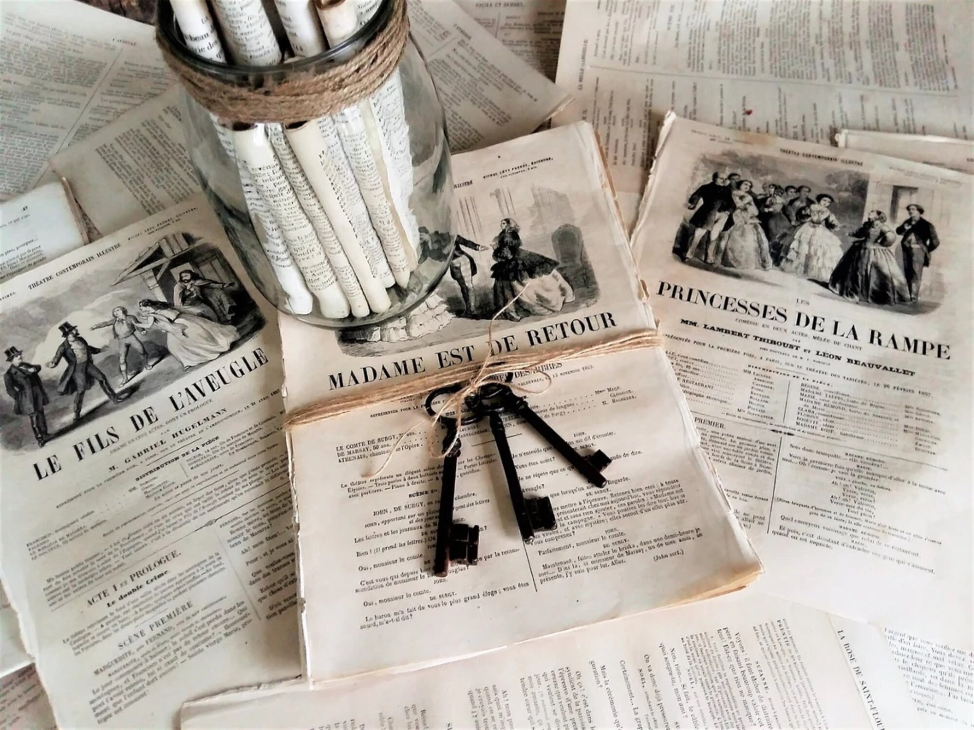 Pack of 1800s Theatre Play Pages. Antique Book Pages & Three Iron Keys ...