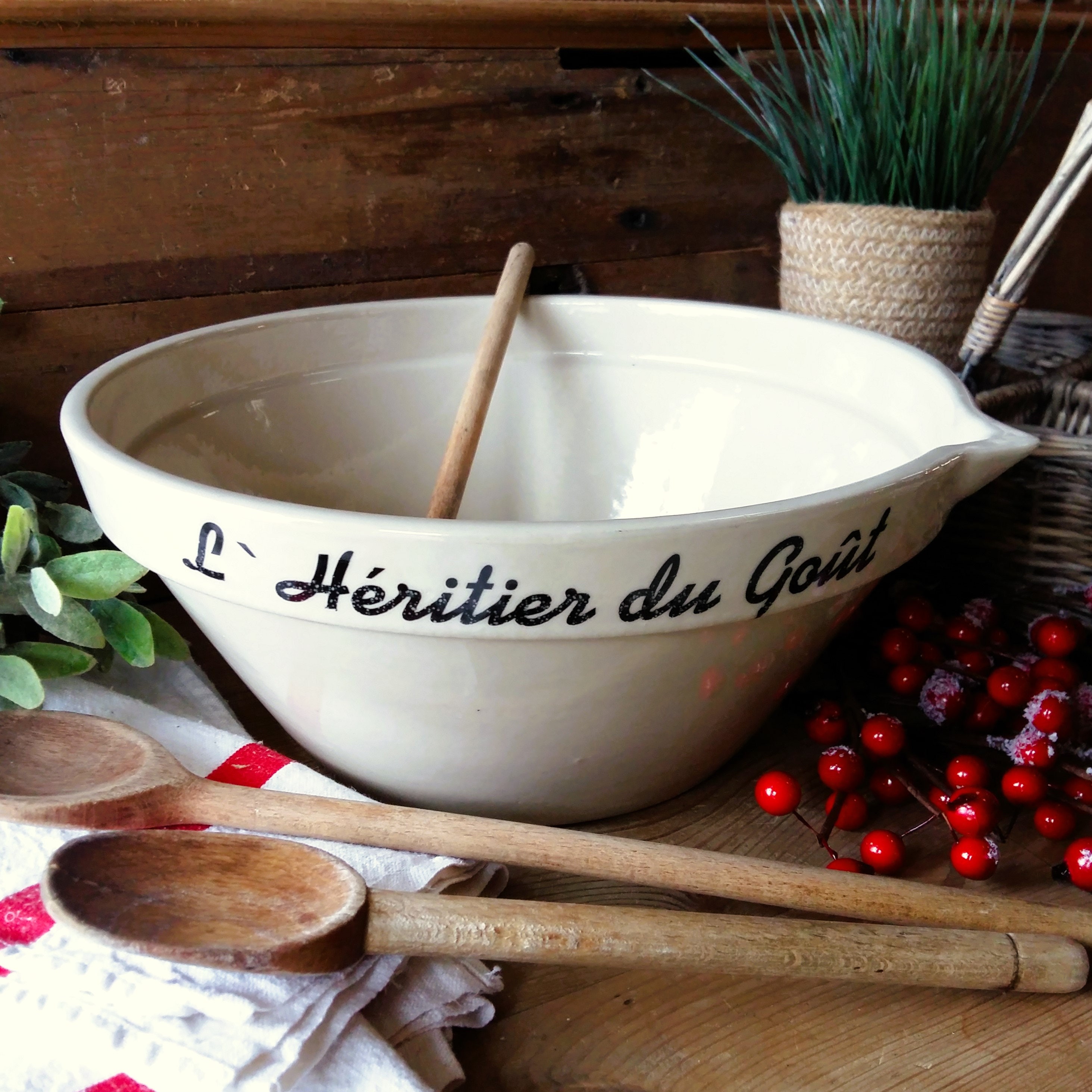 Huge French Stoneware Mixing Bowl. Pudding Basin. Beige / Grey Glazed ...