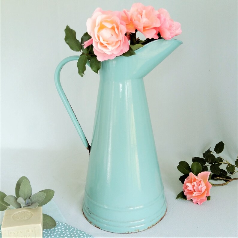 Large Antique Enamel Pitcher. Duck Egg Blue French Metal Jug - Etsy
