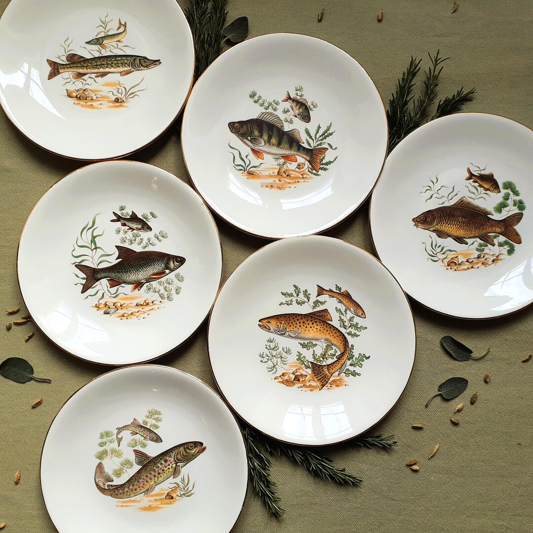 Six Fish Plates by GIEN, France. Vintage French Fish Plate Set. Fish ...