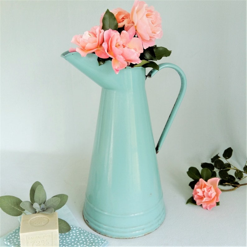 Large Antique Enamel Pitcher. Duck Egg Blue French Metal Jug - Etsy