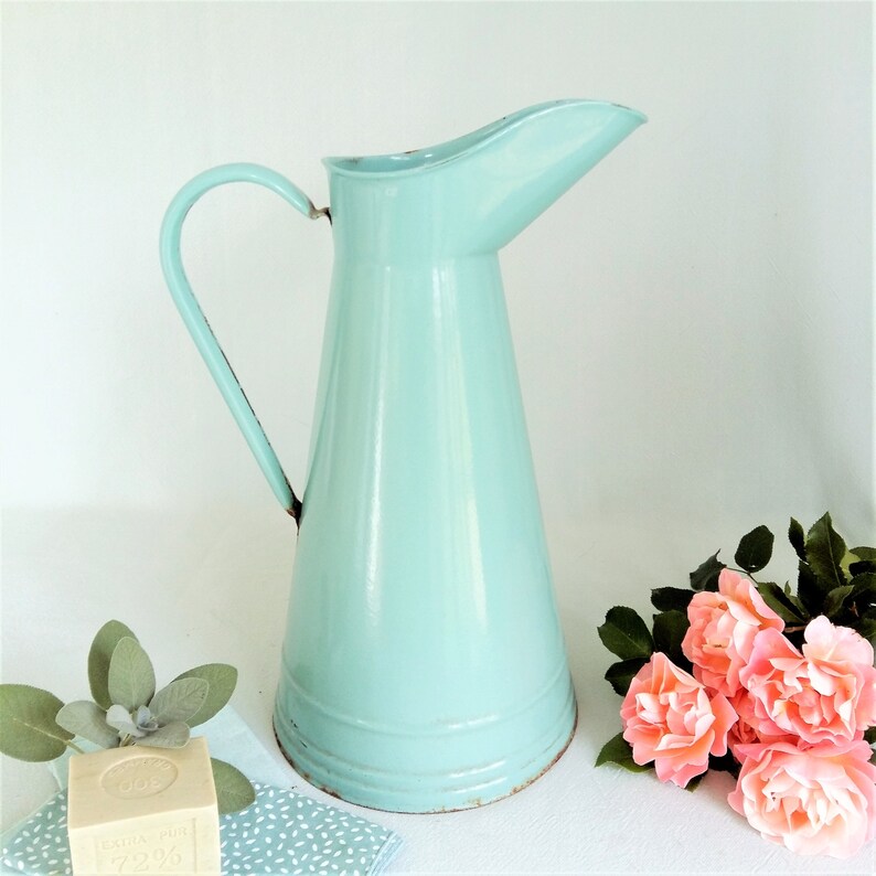 Large Antique Enamel Pitcher. Duck Egg Blue French Metal Jug - Etsy