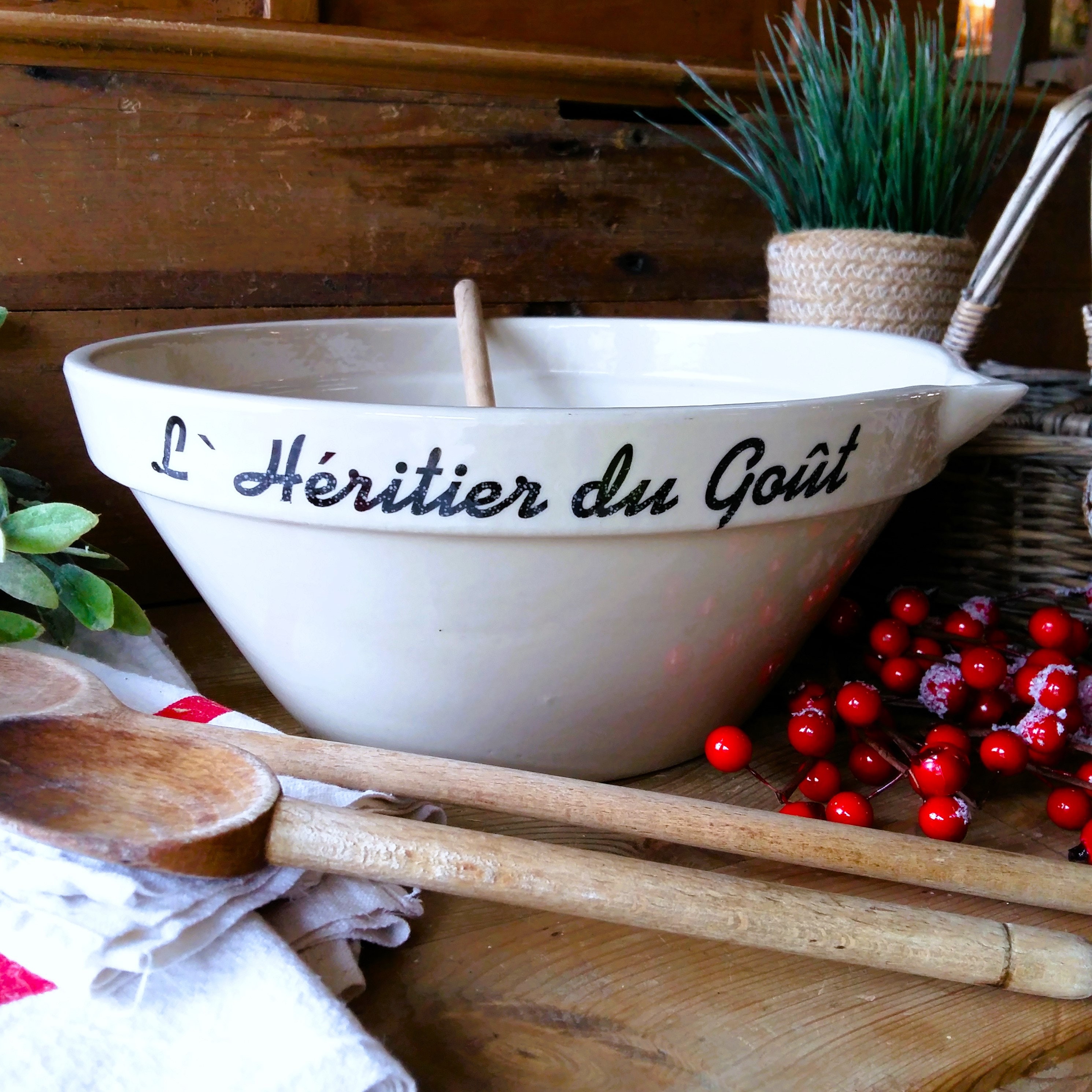 Huge French Stoneware Mixing Bowl. Pudding Basin. Beige / Grey Glazed ...