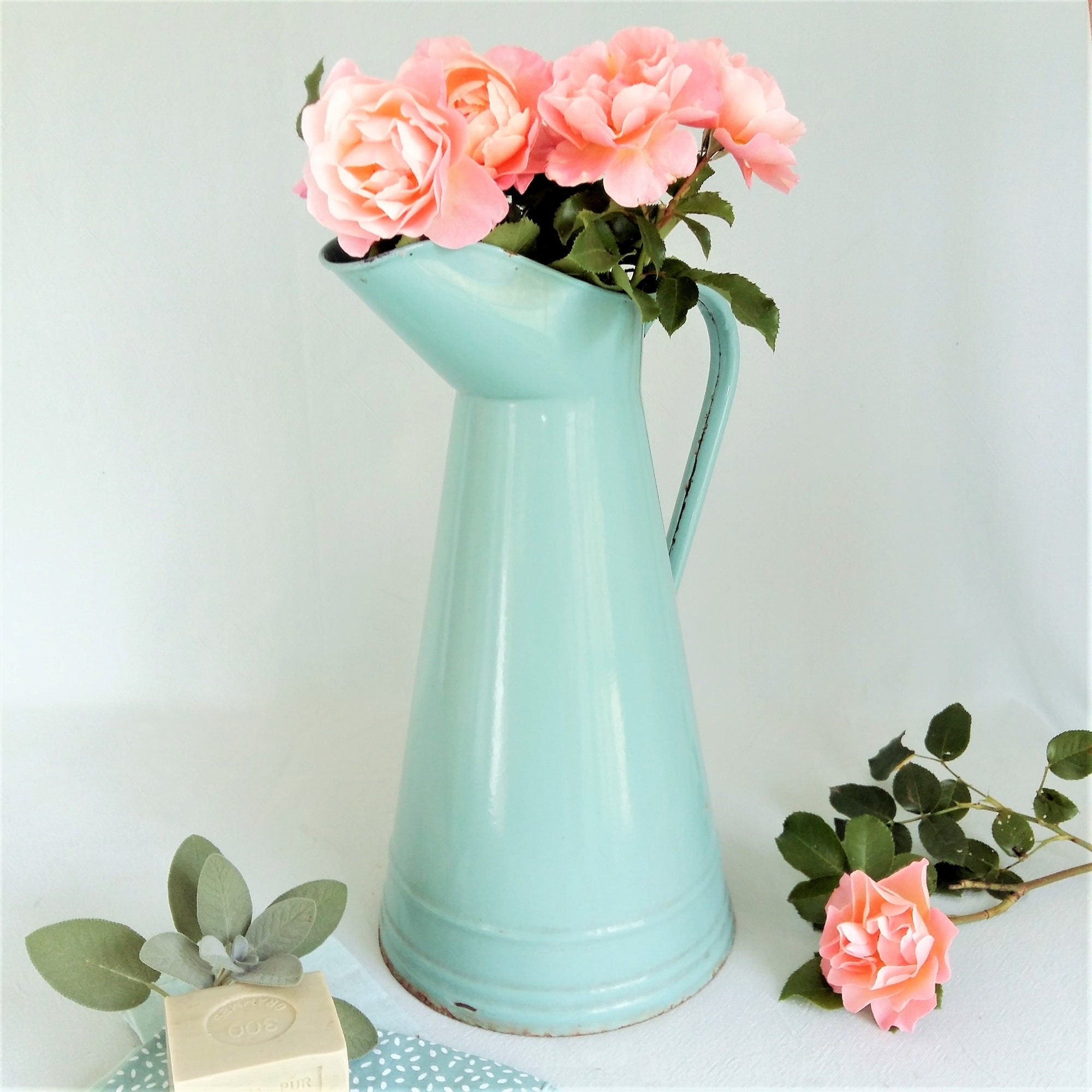 Large Antique Enamel Pitcher. Duck Egg Blue French Metal Jug - Etsy