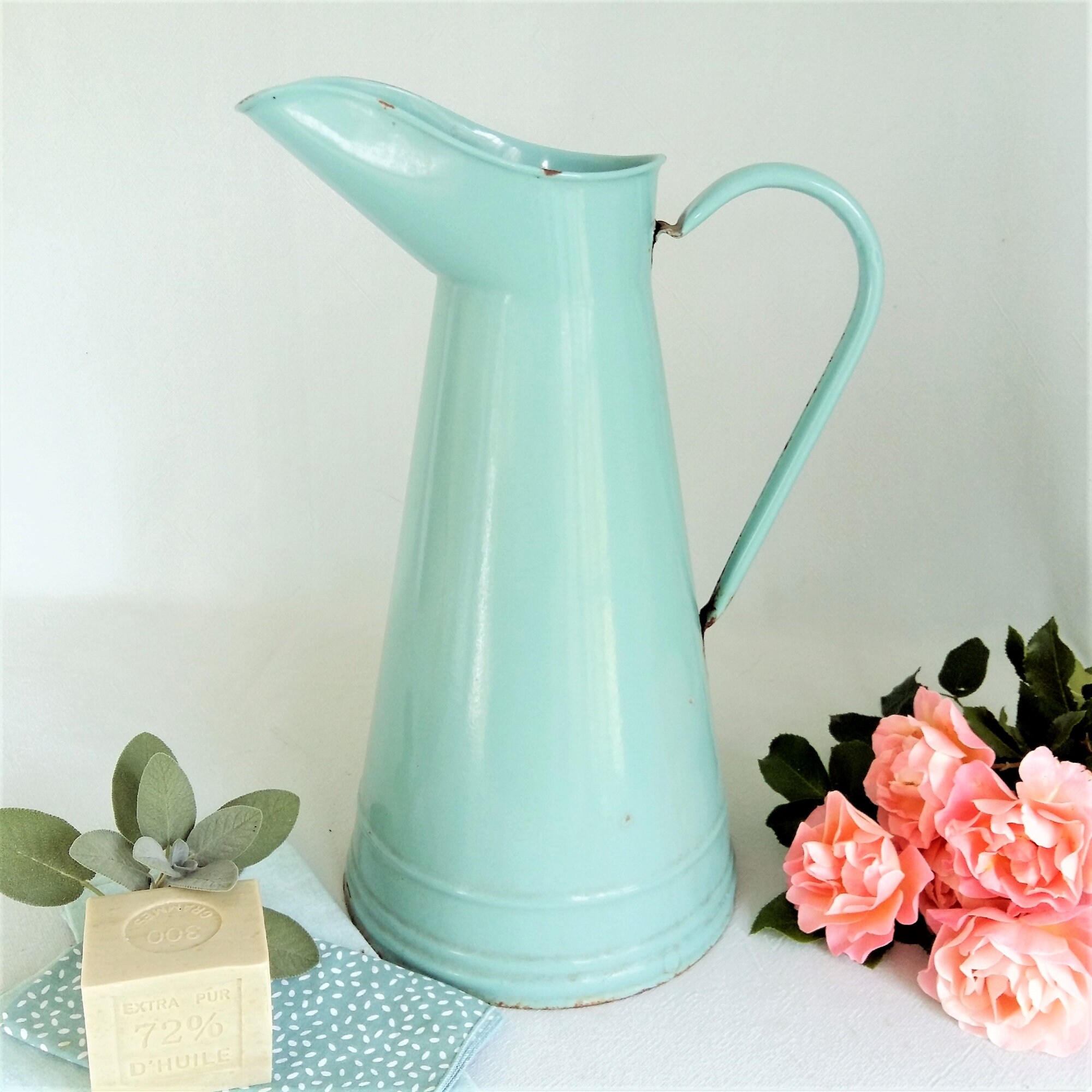 Large Antique Enamel Pitcher. Duck Egg Blue French Metal Jug - Etsy