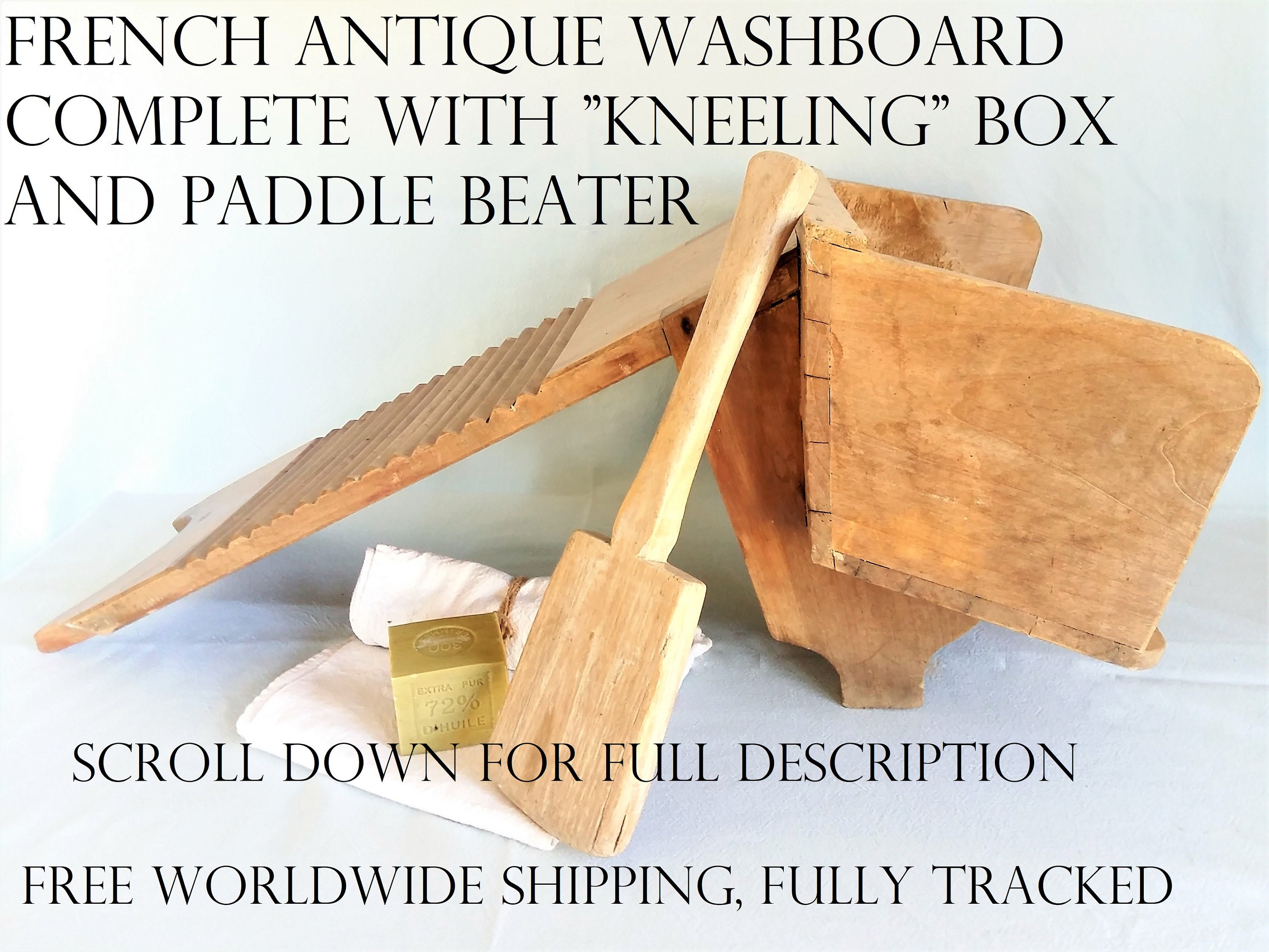 Antique Wooden Washboard and Laundry Paddle. Complete With Kneeling Box ...