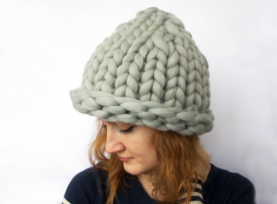 Knit Wool Hat Gray Hat Chunky Hat Chunky Knit Hat Merino Wool Hat ...