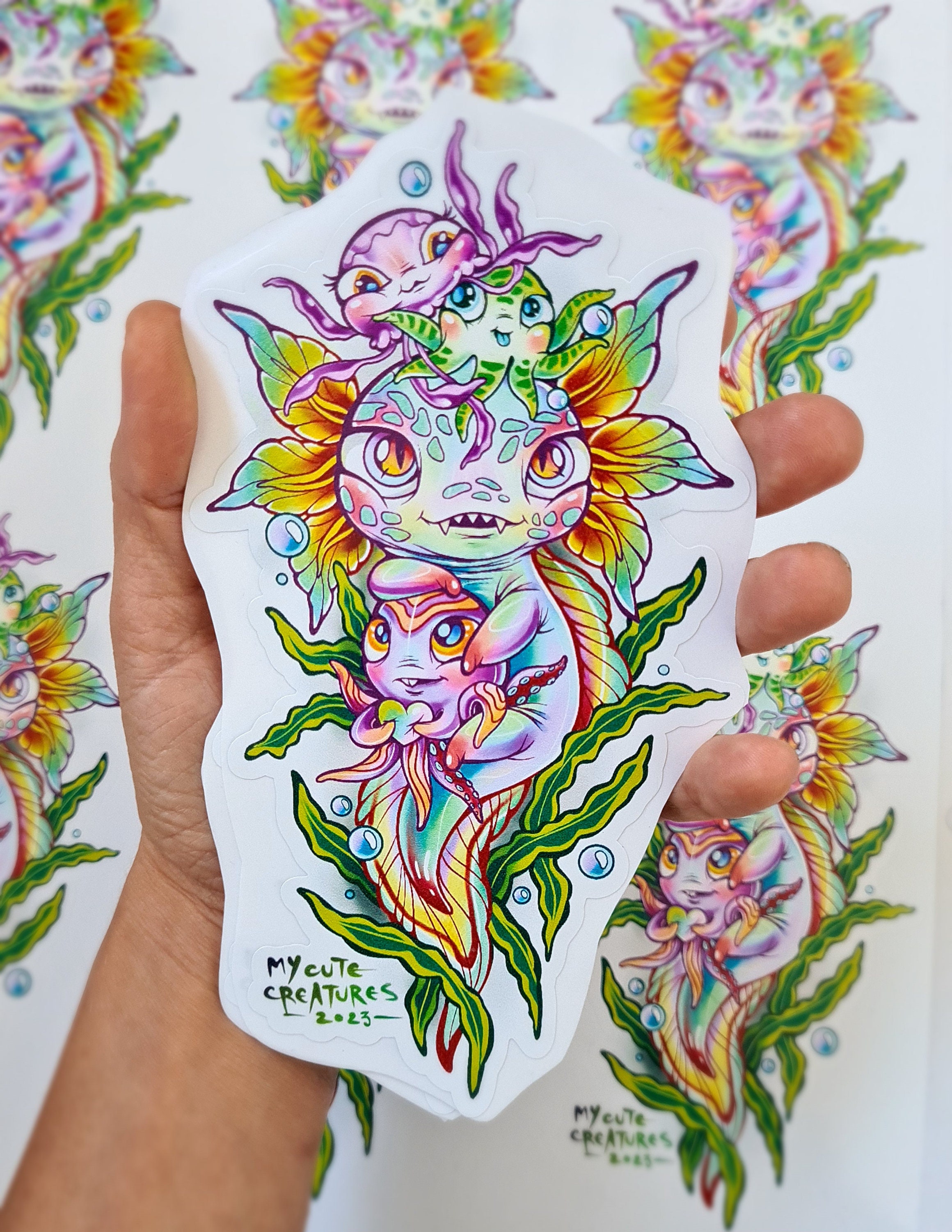 Axolotl Friends 2023 Vinyl Sticker Octopus Jellyfish Happy Marine Life ...