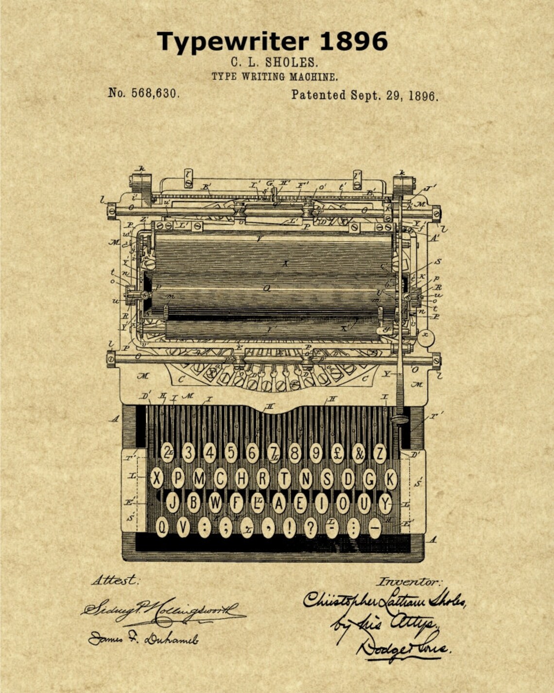 Vintage 1896 Typewriter Patent Print,Arte de la máquina de escribir ...