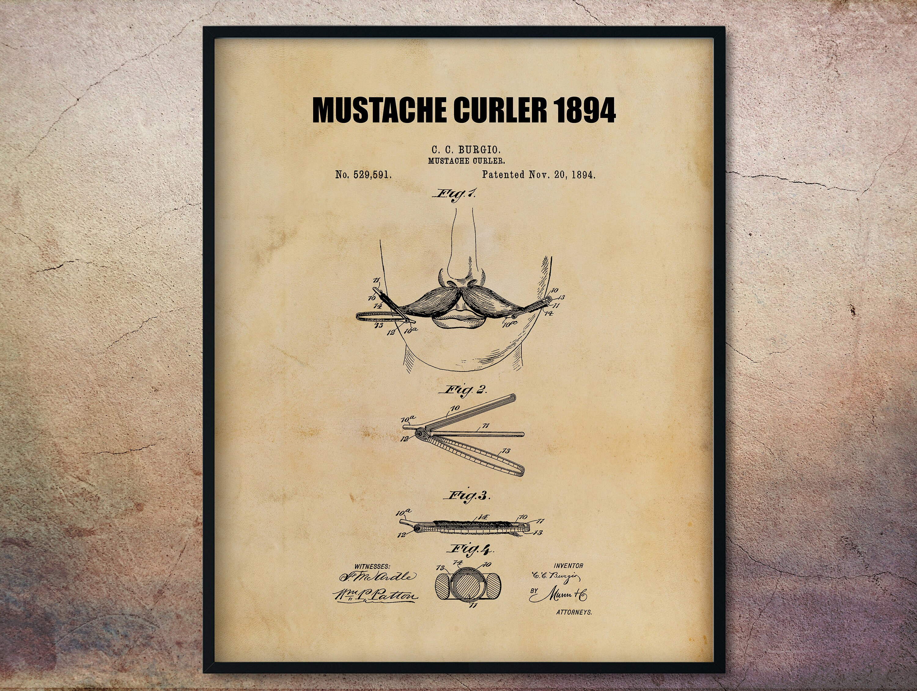 1894 Mustache Curler Patent Poster, Moustache, Facial Hair, Grooming ...