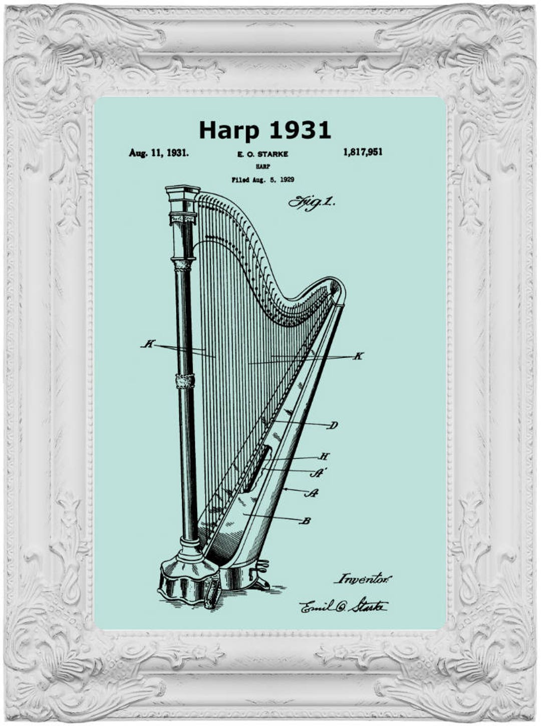 Vintage 1931 Harp Patent Print, Harp Design, Harp Wall Art, Harp ...