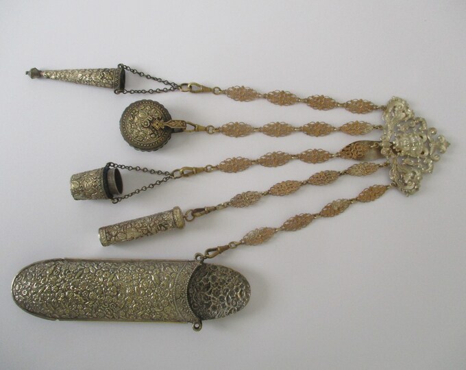 A Victorian Horned Devil Chatelaine With Charles Horner Thimble With ...