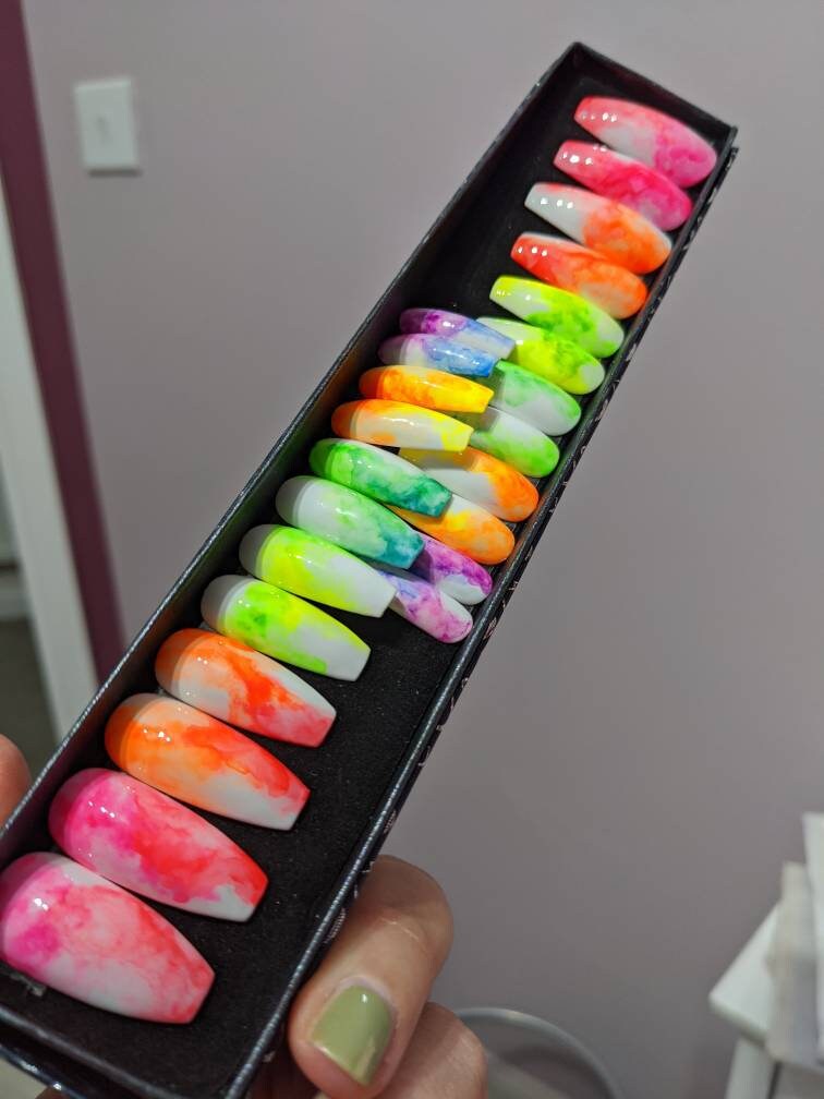 Neon Rainbow Smoke Effect Press on False Nails | Etsy
