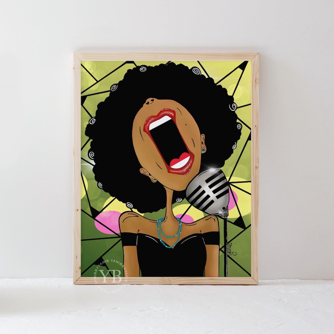 Abstract Black Art Music Print, Black Woman Singing, African American ...