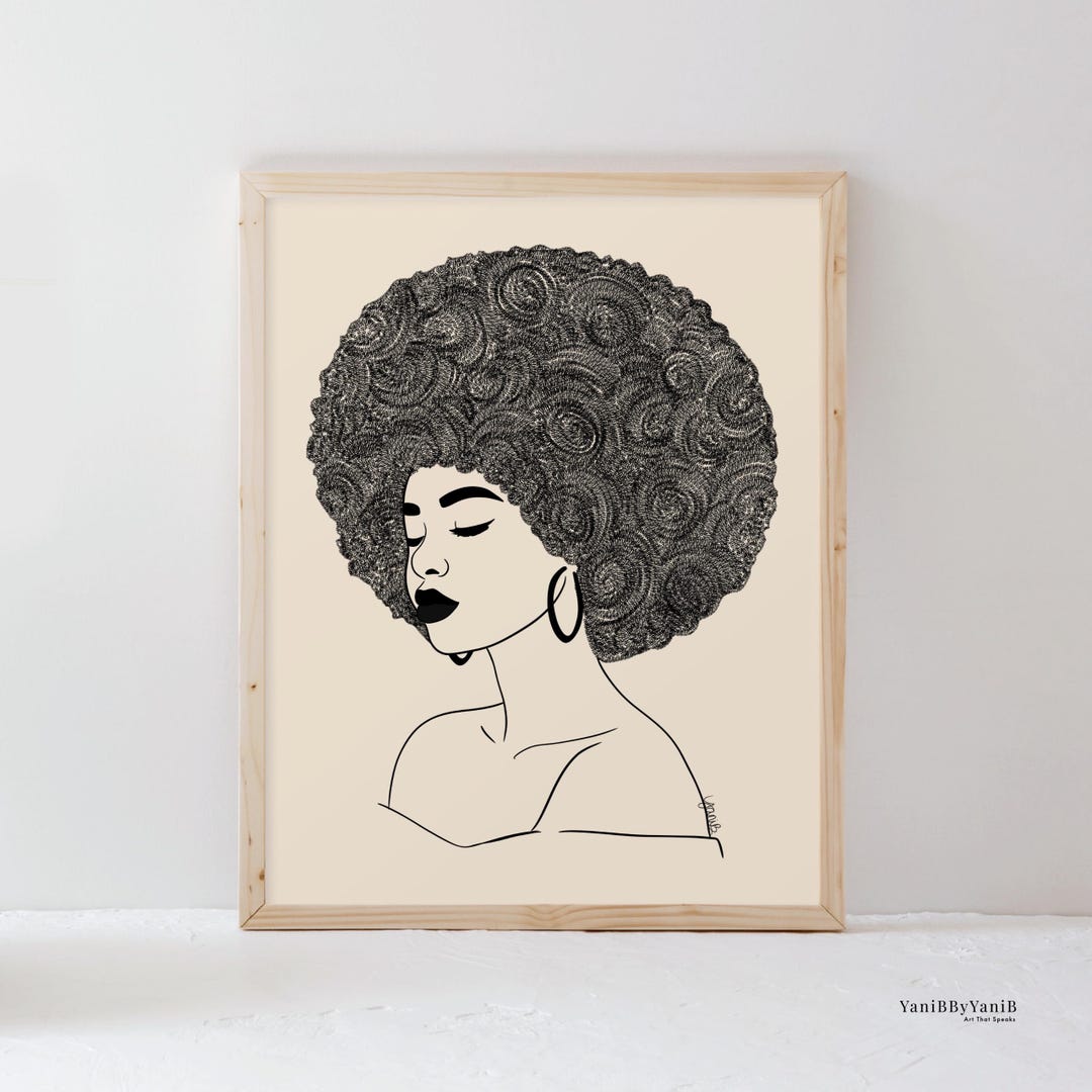 Black Woman Ink Drawing, Afro Art Print, Minimalist Line Art, African ...