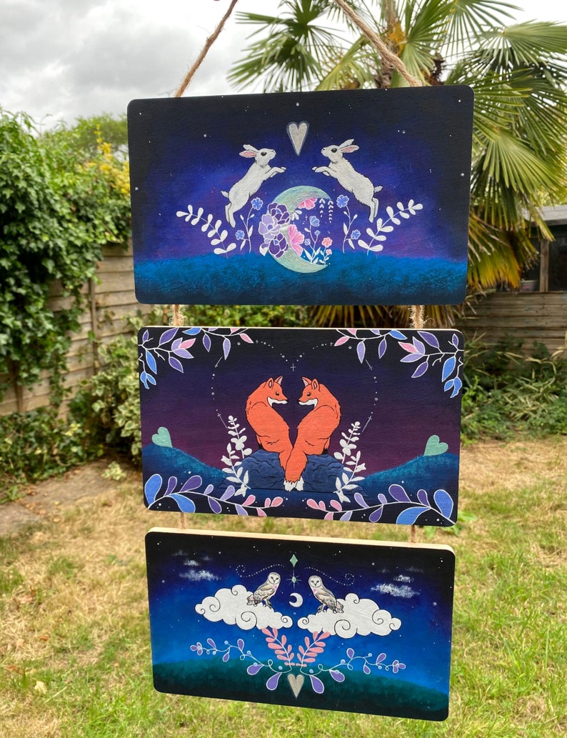 Woodland Animals Wall Art 50cm 3 Panel Nighttime Scene With Rabbits ...