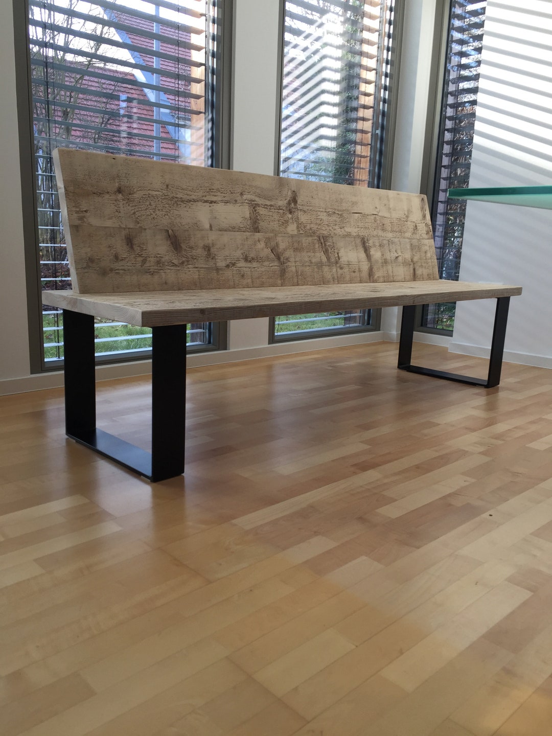 Bench With Backrest Recycled, Old Timber, Scaffolding Planks, Steel ...