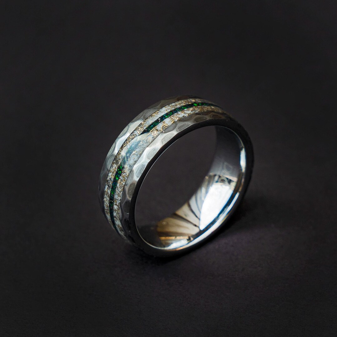 Faceted Hammered Tungsten Ring | Black Opal Inlay + Mokume Gane ...