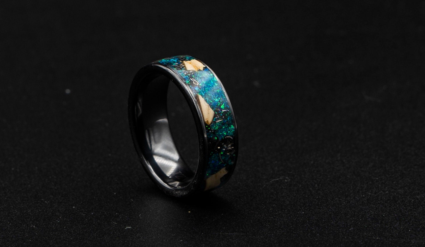 black Ceramic ring, dinosaur bone fossil ring, green opal, opal ...